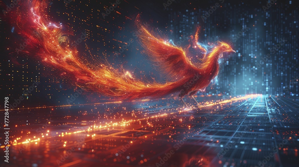 Stylized vector of a digital phoenix rising from a data center, on a ...