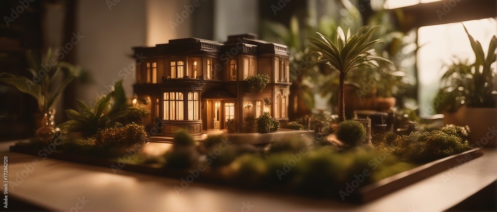 Photo Stock Generative AI. Miniature villa house with plants in potted ...