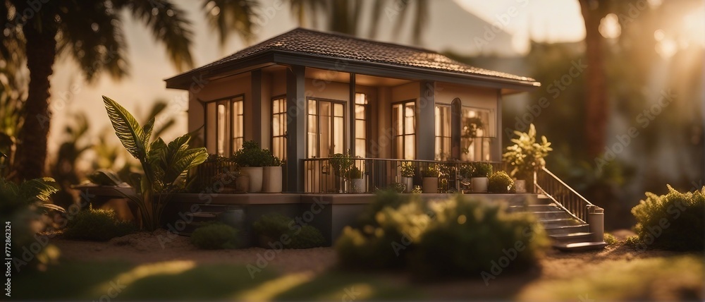 Generative AI. Miniature duplex villa house with plants in the potted ...