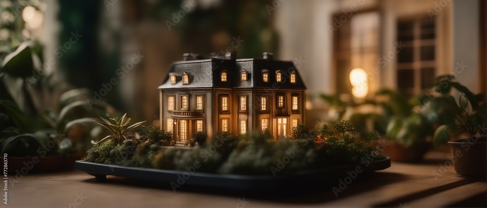Generative AI. Miniature duplex villa house with plants in the potted ...