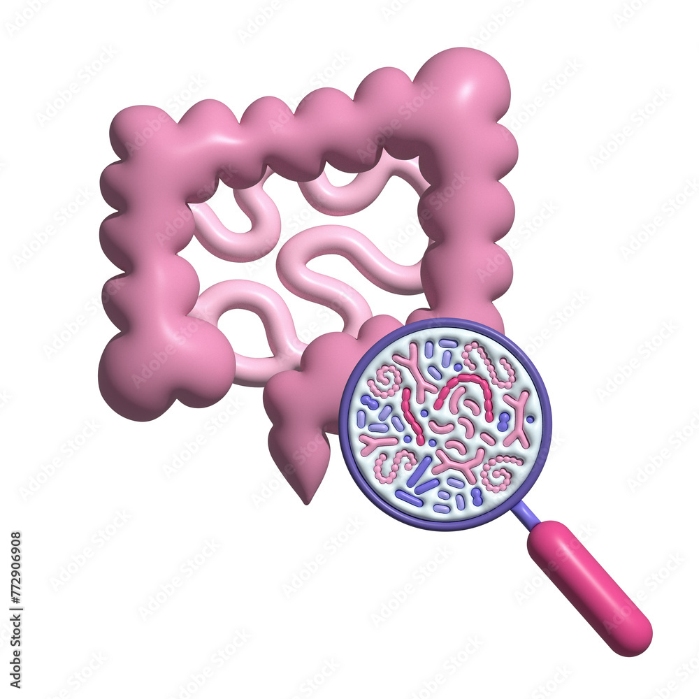 3d render Abstract human intestine and magnifier. Gut microbiome ...