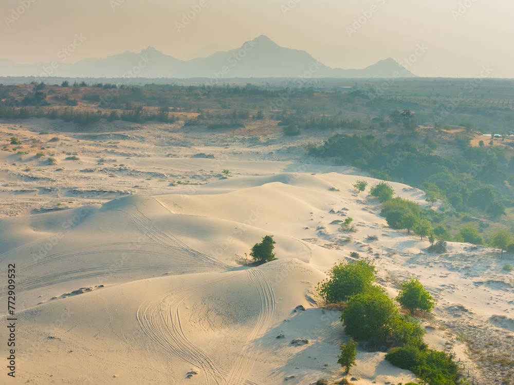 Aerial view of Nam Cuong sand dunes, Ninh Thuan province, Vietnam. It ...