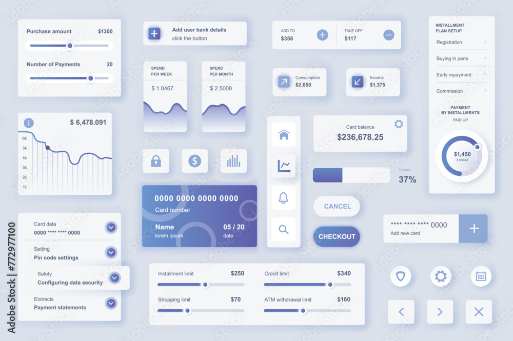 User interface elements set for Banking mobile app or web. Kit template with HUD, financial ...