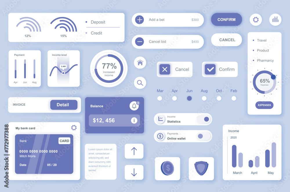 Vector de Stock User interface elements set for Banking mobile app or web. Kit template with HUD ...
