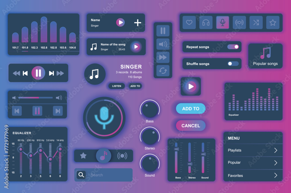 User interface elements set for Music mobile app or web. Kit template ...