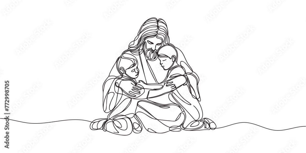 continuous one line drawing of Jesus Christ hugging a child. Vector ...