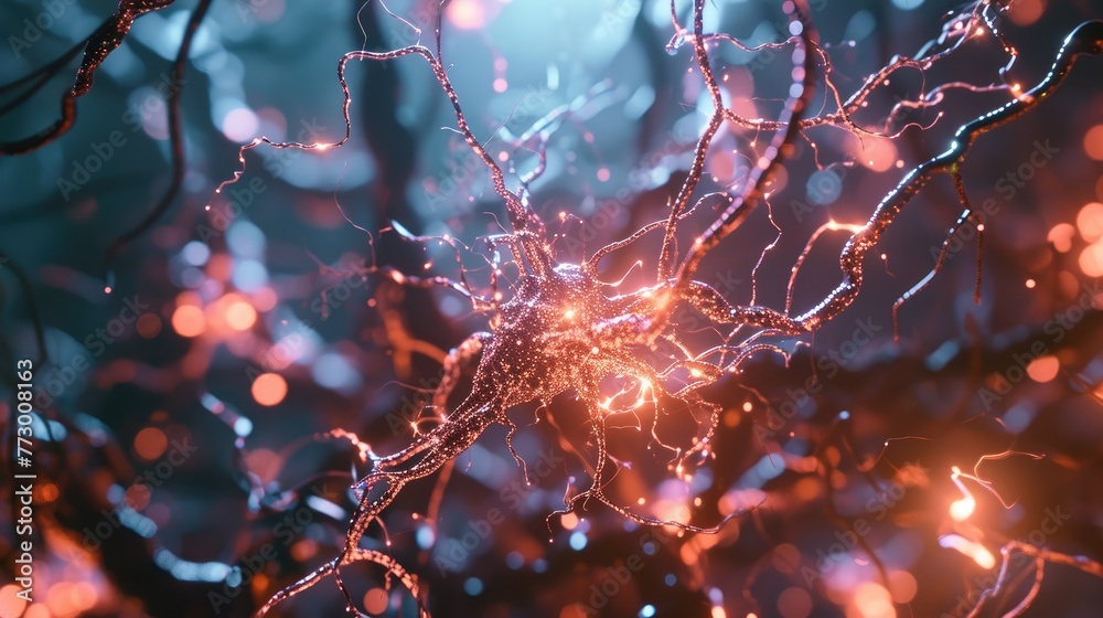 Visual representation of neurons transmitting electrical impulses ...