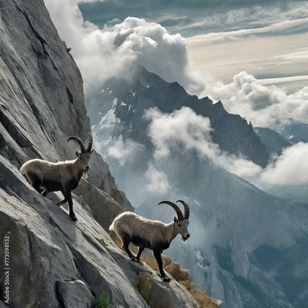 mountain goat in the mountains.A dramatic depiction of mountain goats ...