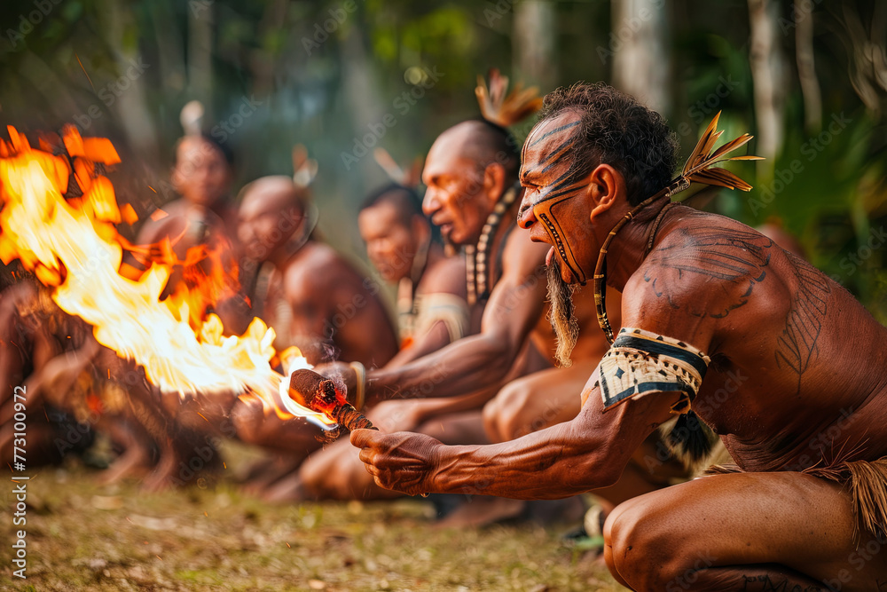 Group of Yugambeh Aboriginal warriors men demonstrate fire making craft ...