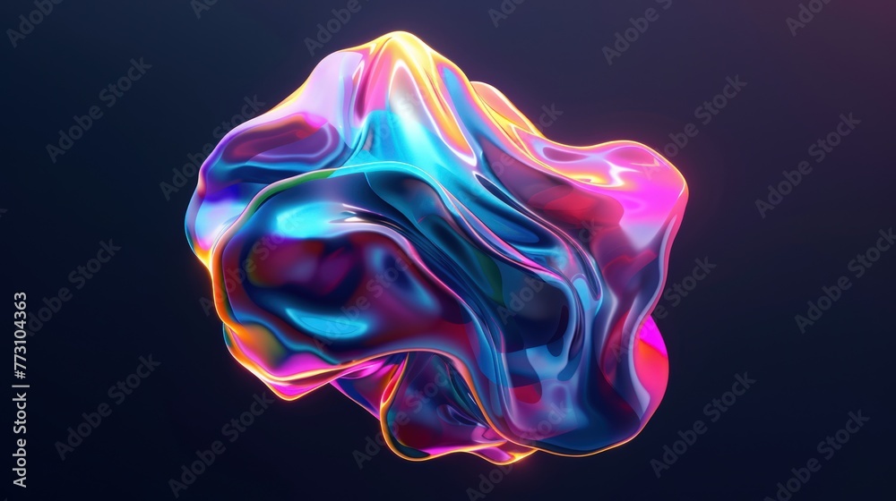 Abstract floating shape made of liquid metal. Holographic rainbow ...