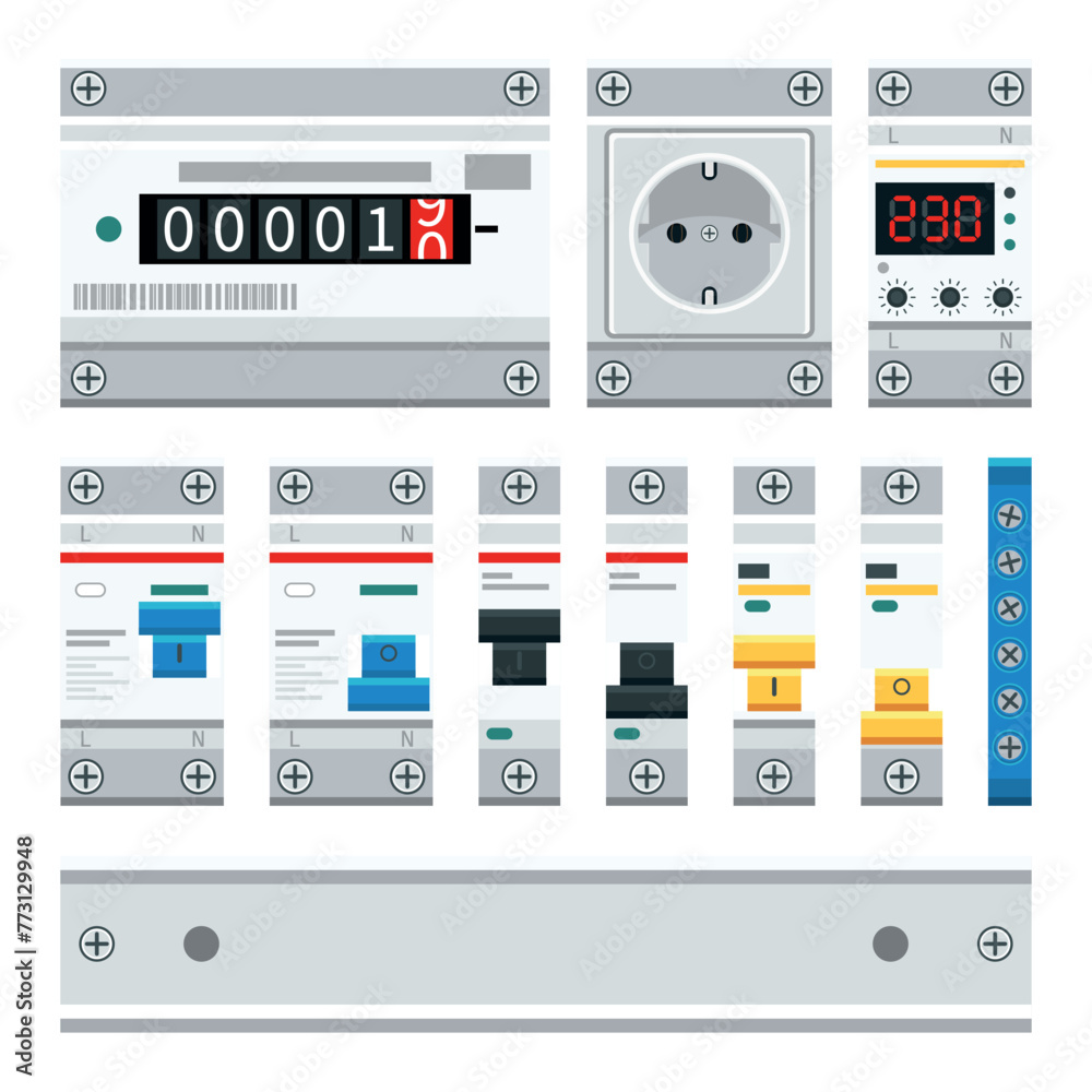 Fuse box. Types and components of electrical. Electrical power switch ...