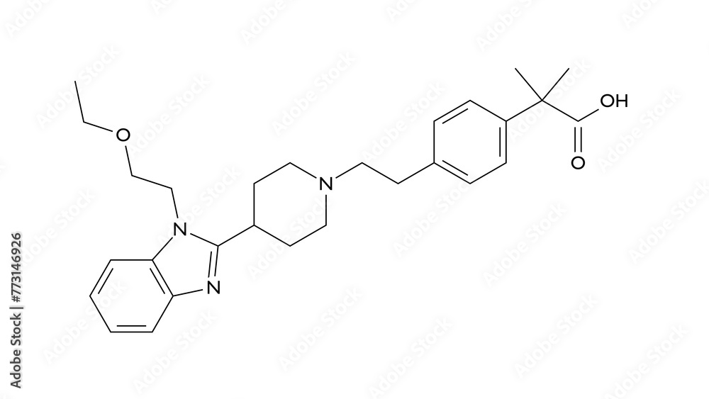 bilastine molecule, structural chemical formula, ball-and-stick model ...