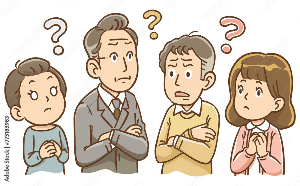 Older parents and their children thinking with question marks , The ...