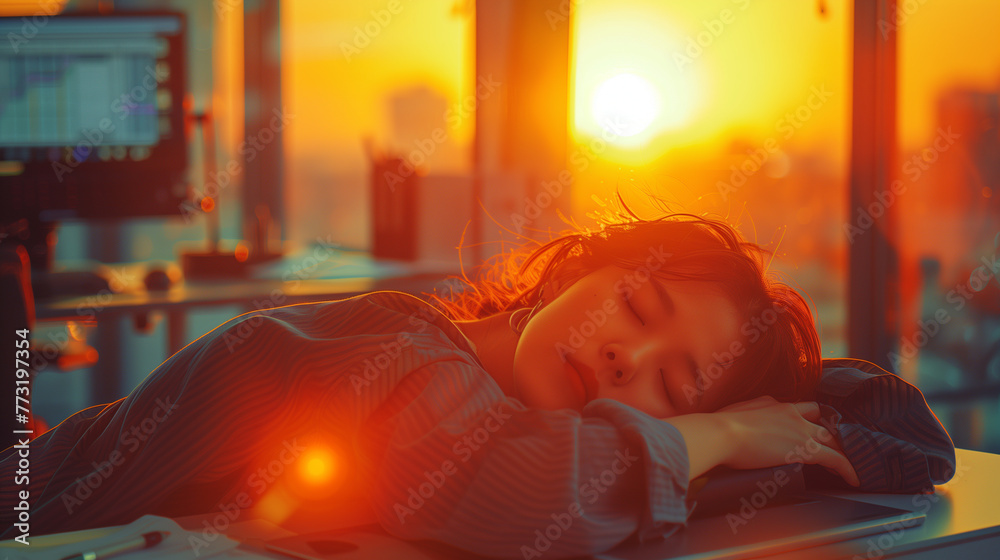 Finding solace amidst her cluttered work desk, a young Asian woman ...