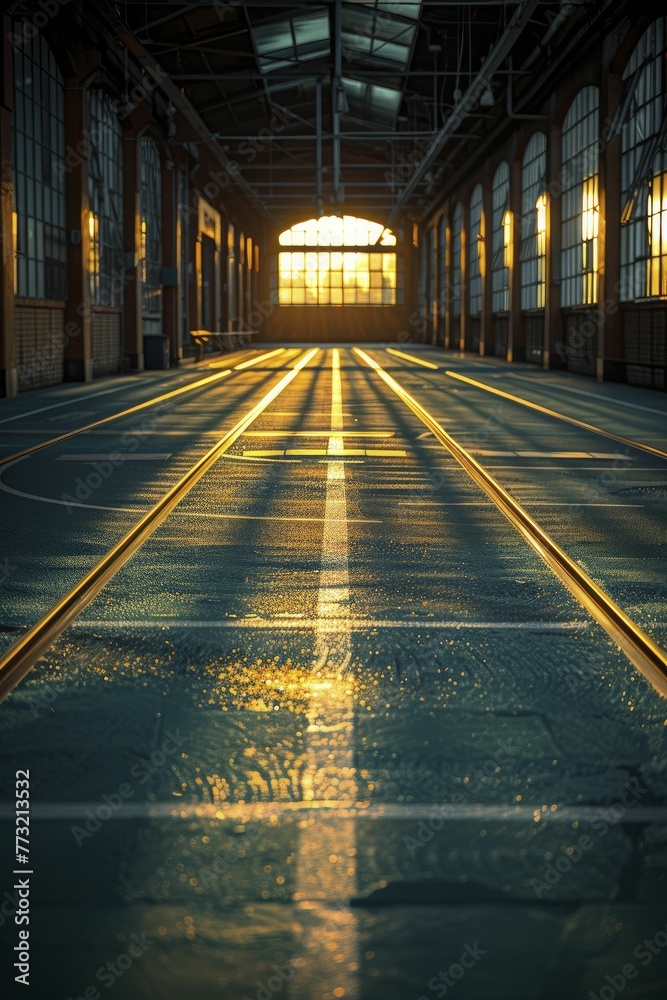 Silhouette of a running track looping around a factory, on an ...