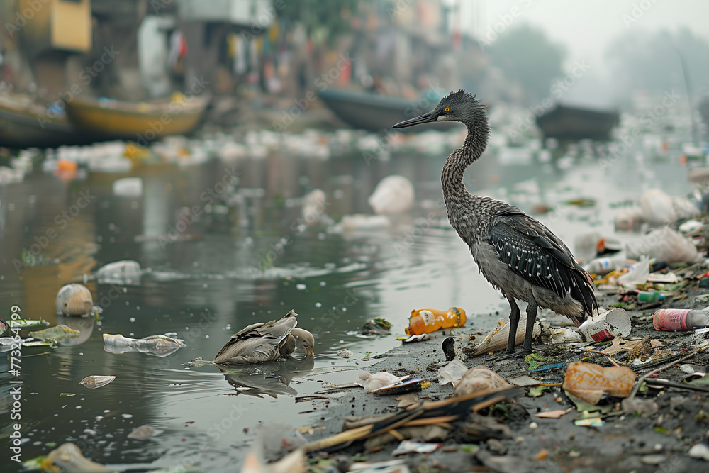 oiseau au bord de l'eau au milieu de déchets et de plastique - Les ...
