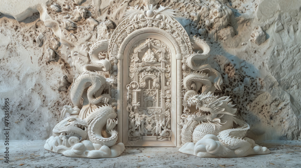 A fantastical alabaster statue of a door that opens into different ...