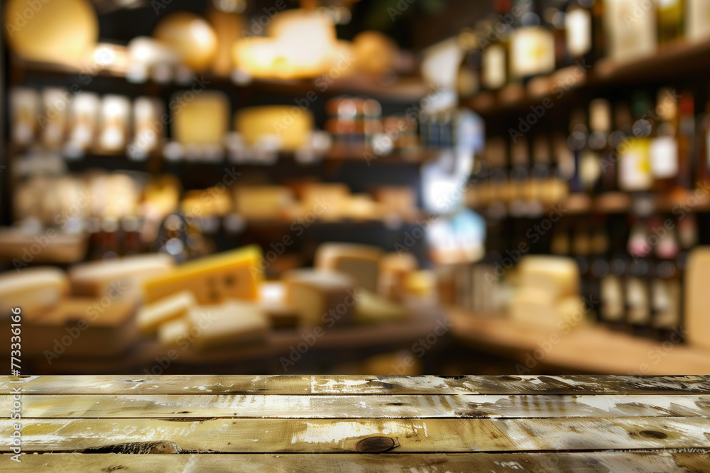 Blurred background of an Italian grocery store with cheese shelves and ...
