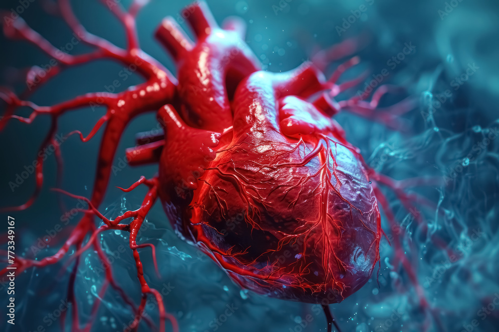 human heart illustration, detailed anatomy with veins and arteries in a ...