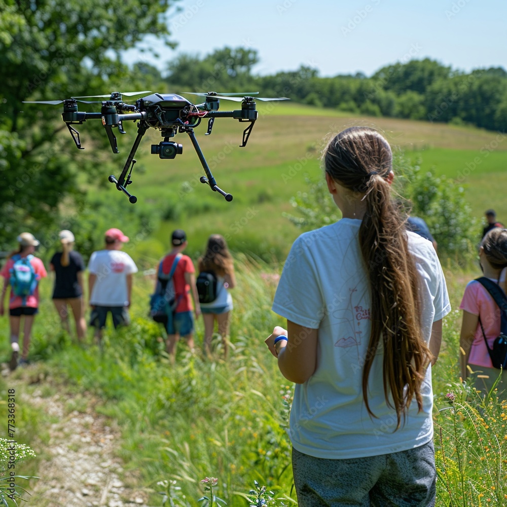An outdoor environmental science class, where teachers use drones to ...
