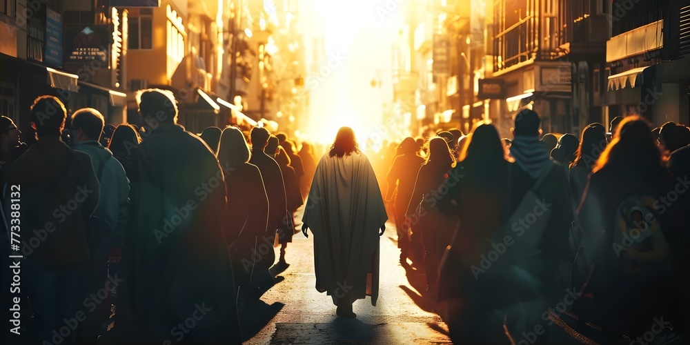 Jesus Christ in a cloak stands in a modern street backlit by light ...