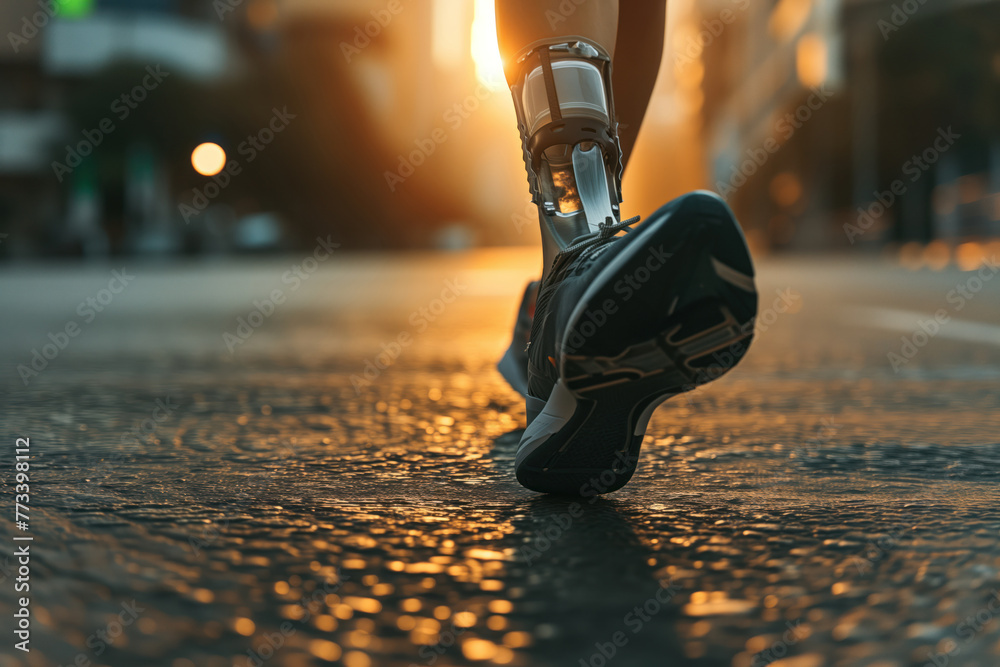 On background of street, prosthetic leg of person is shown with running ...