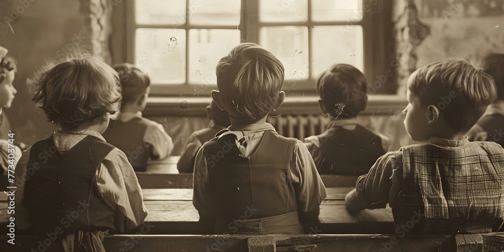 Antique photo of school children in a classroom from the 1920s with a ...