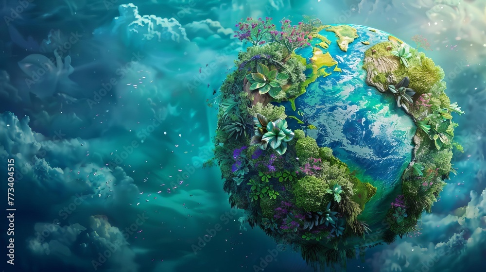 Lush green planet Earth, vibrant flora and pristine oceans, digital ...