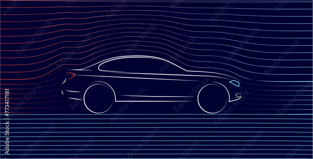 Glowing outline of a passenger car with aerodynamic waves on a blue ...