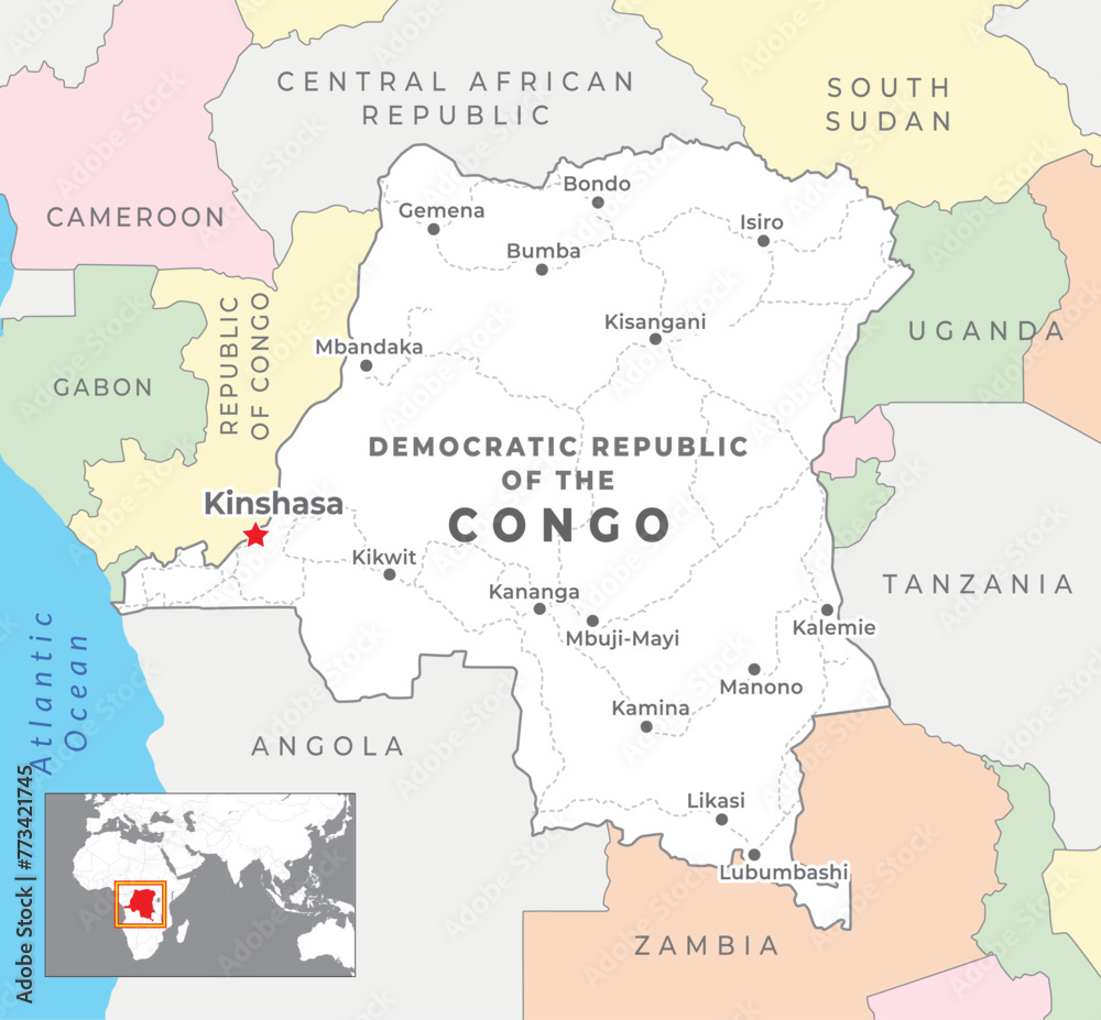 Congo Democratic Republic Political Map with capital Kinshasa, most ...