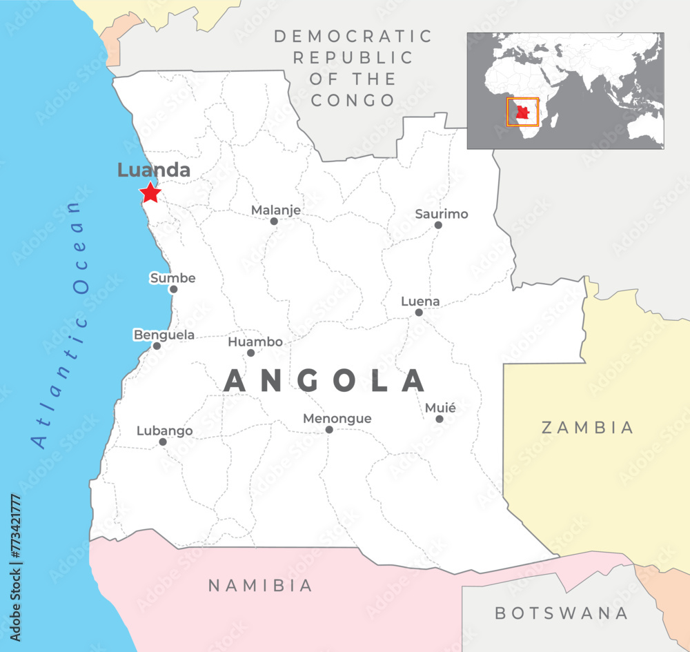 Angola Political Map with capital Luanda, most important cities with ...