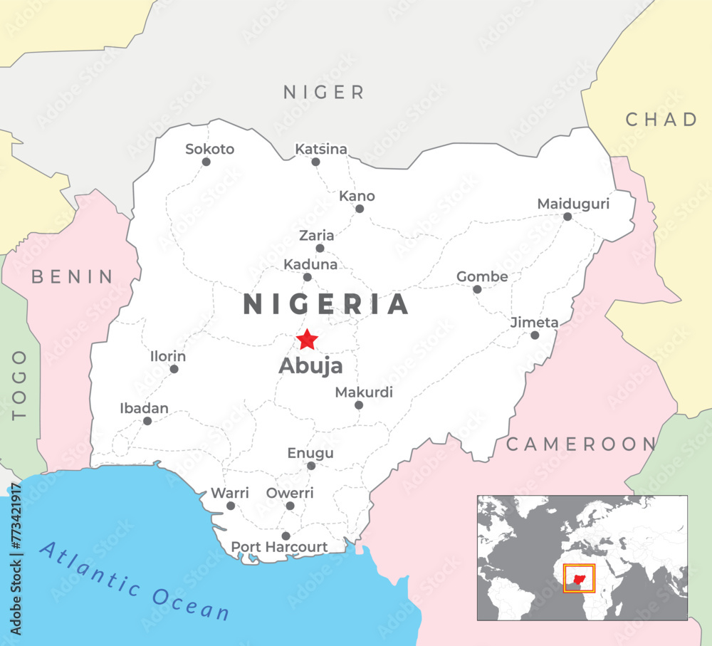 Nigeria Political Map with capital Abuja, most important cities with ...