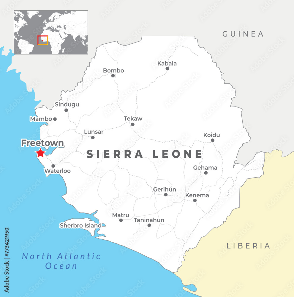 Sierra Leone Political Map with capital Freetown, most important cities ...