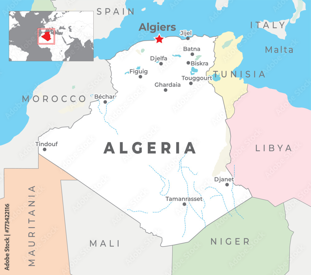 Algeria Political Map with capital Algiers, most important cities with ...