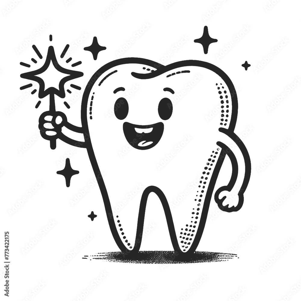 animated tooth character smiling with sparkling magic wand, dental ...