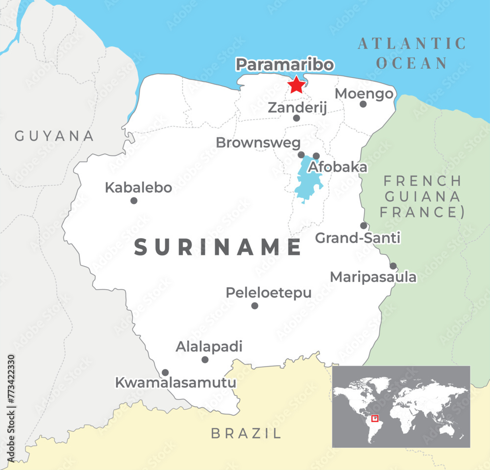 Suriname Political Map with capital Paramaribo, most important cities ...
