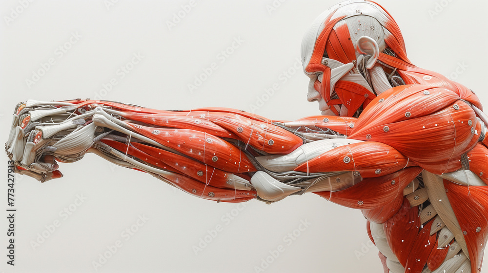 Anatomical model of a human with muscles and skeleton exposed ...