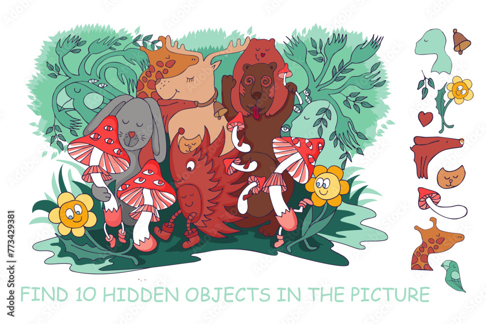 Find hidden objects. Retro 70s style, psychedelic mushroom, flowers and ...