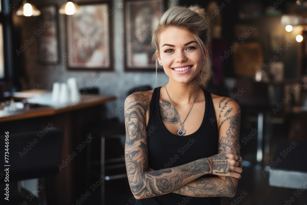 Modern and attractive woman with tattoos, exuding elegance and a ...