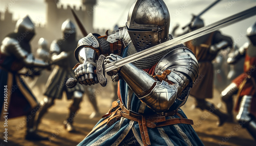 Two knights in shining armor locked in battle with crossed swords. The armor reflects medieval ...