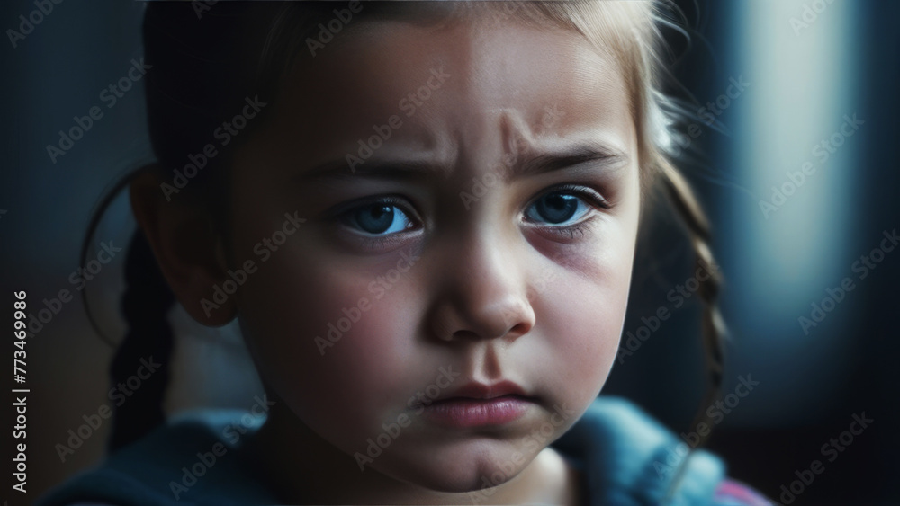 Portrait mongoloid little girl crying and tears. Asian girl have sad ...