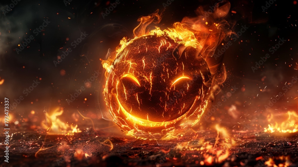 Fiery smiley face in an inferno setting - A fiery 3D smiley face exudes ...