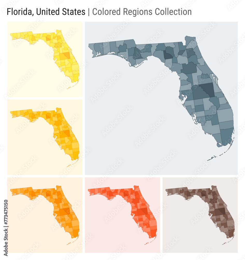 Florida, United States. Map collection. State shape. Colored counties ...