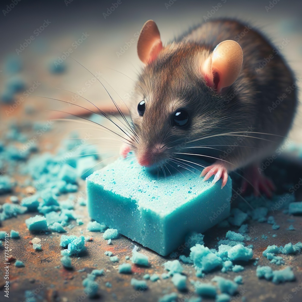 A rodent is seen eating a blue wax poison block on a dirty floor in ...