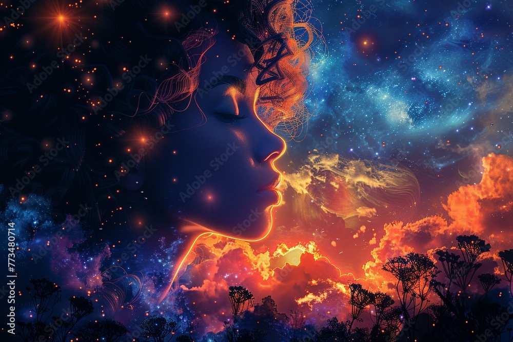Motivation visualized as a mythical muse whispering to dreamers ...