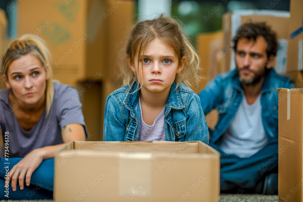 Sad stressed evicted family with little girl worried relocating house ...