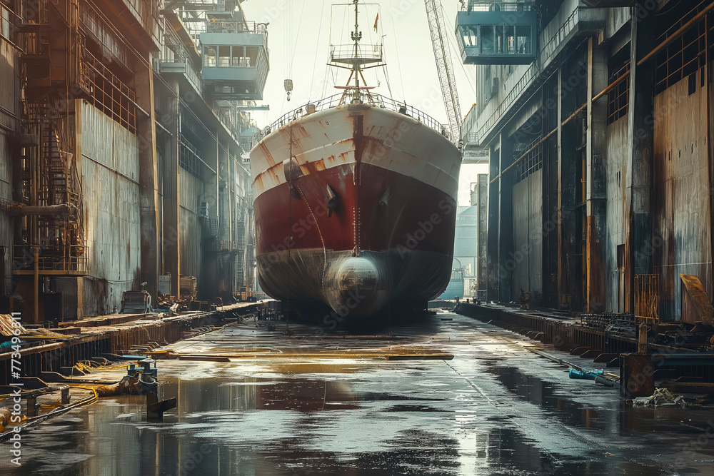 Shipyard industry, Ship Building, Big ship on floating dry dock in ...
