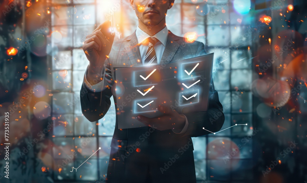 Businessman showing check mark summarizing job Compile lists, votes ...