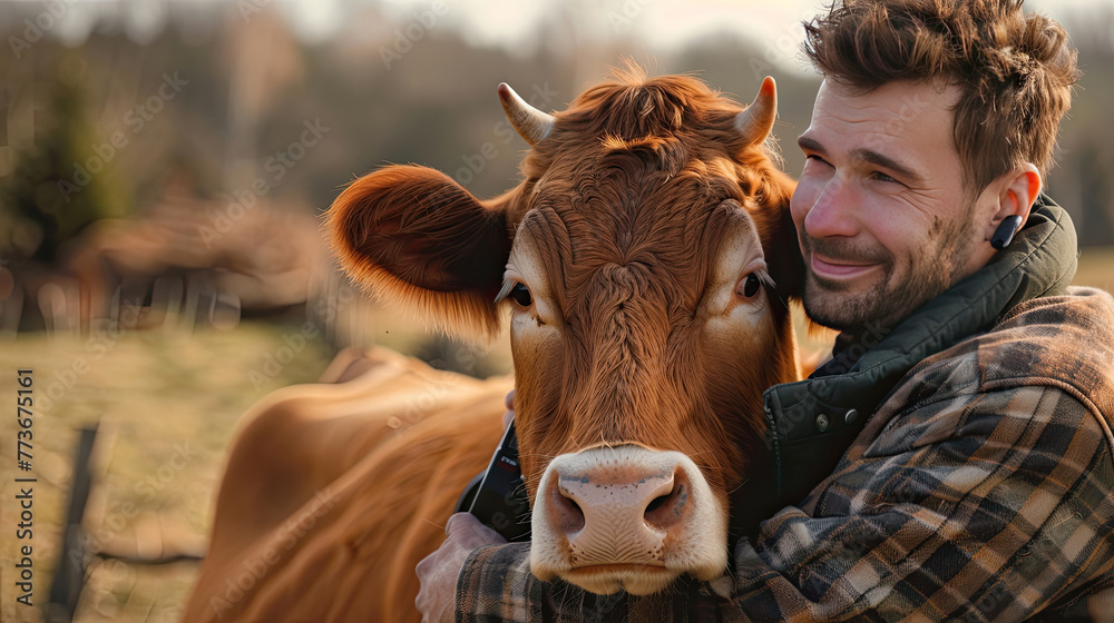 Veterinarian man with ultrasound device hugs cow pregnant on farm ...