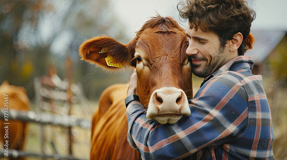 Veterinarian man with ultrasound device hugs cow pregnant on farm ...